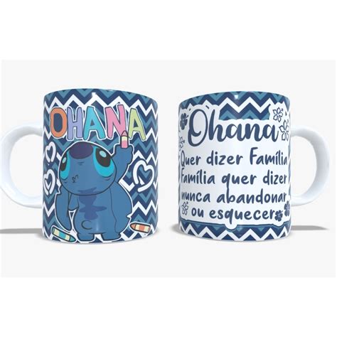 Caneca Personalizada Stitch Lilo Xicara Porcelana Ohana Família