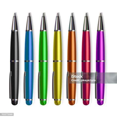 펜 세트 편지지 벡터입니다 금속 도구 액세서리 쓰기 그리기 현실적인 고립 된 그림 공 스포츠 장비에 대한 스톡 벡터 아트 및 기타 이미지 공 스포츠 장비 녹색 펜