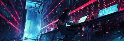 A Hacker Intensely Focuses On Multiple Computer Screens In A Server