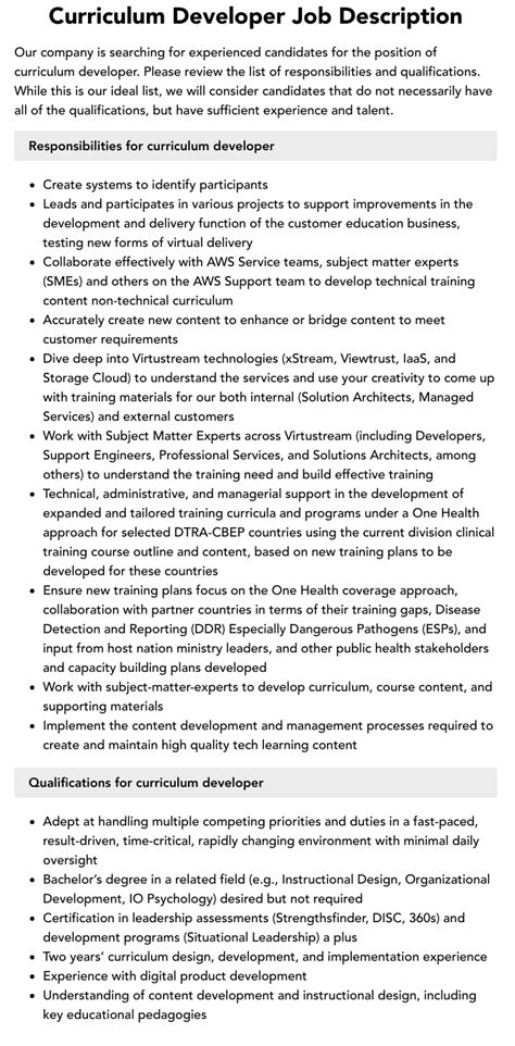 Curriculum Developer Job Description Velvet Jobs