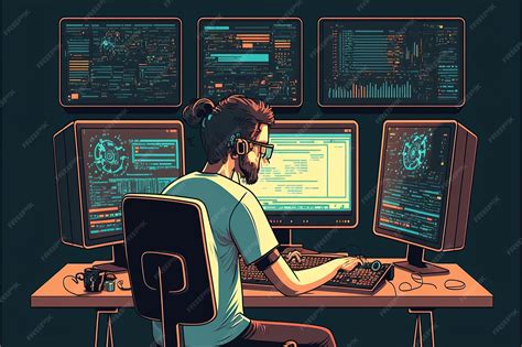 Premium Photo Programmer Working On Computers With Multiple Monitors