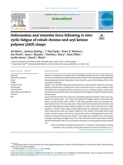 Deformation And Retentive Force Following In Vitro Cyclic Fatigue Of Cobalt Chrome And Aryl