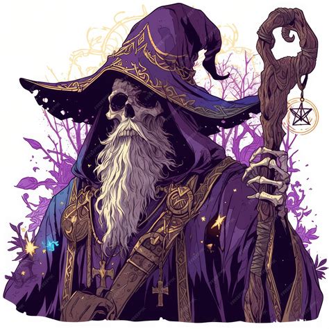 Skeleton Wizard Holding A Staff With A Pentagram Pendant Premium Ai Generated Image