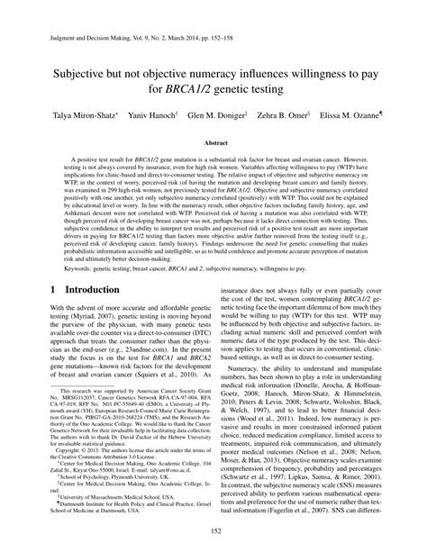 Pdf Subjective But Not Objective Numeracy Influences Willingness To Pay For Brca12 Genetic