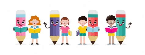 Enfant Posant Avec Un Personnage De Crayon Retour Au Dessin Animé De L