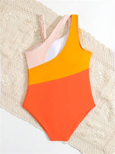 Girls Colorblock Asymmetrical Neck One Piece Swimsuit Shein Usa