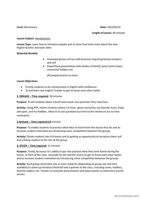 Lesson Plan Self Introduction English Esl Worksheets Pdf Doc