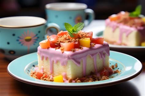 Bizcocho pastel de elote sin maíz servido en un colorido plato Foto
