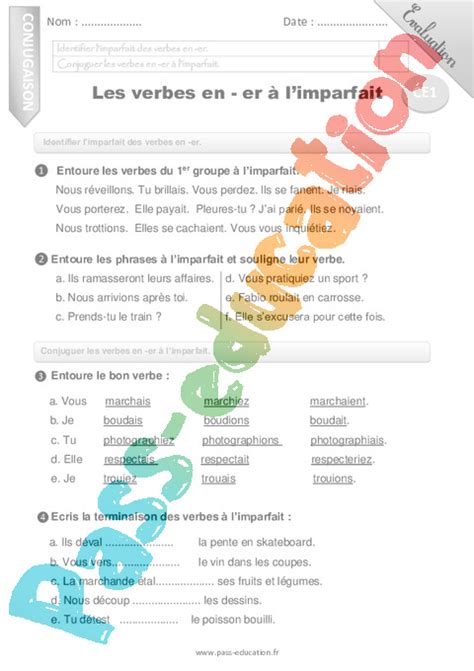 Imparfait de l indicatif CE1 Cycle 2 Exercice évaluation révision
