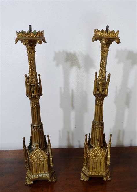 Antikes Paar Gotische Kirchen Altar Kerzenständer Aus Messing Ric