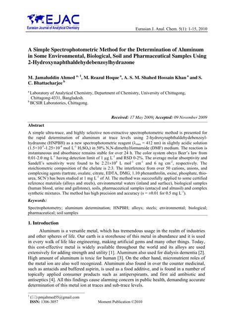 Pdf “ A Simple Spectrophotometric Method For The Determination Of Trace Aluminium In Real