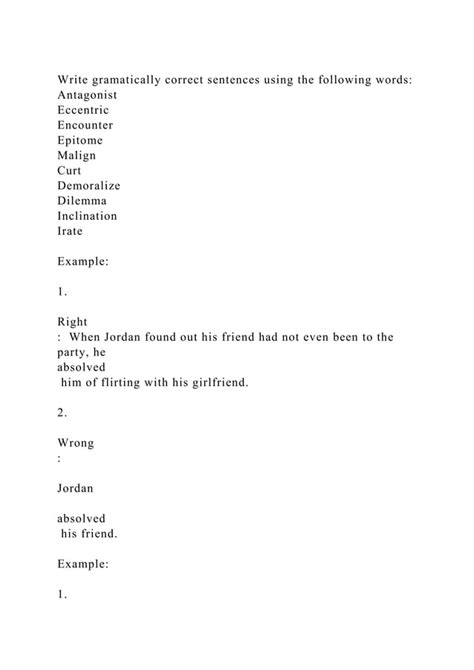 Write Gramatically Correct Sentences Using The Following Wordsant Docx