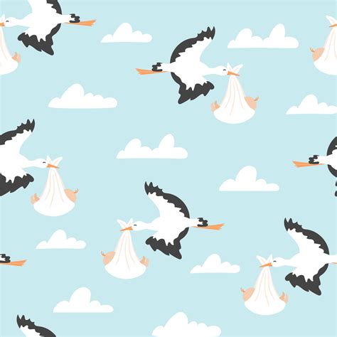 Stork Carrying A Baby In A Bag Seamless Pattern Can Be Used For Paper Cover Fabric Interior