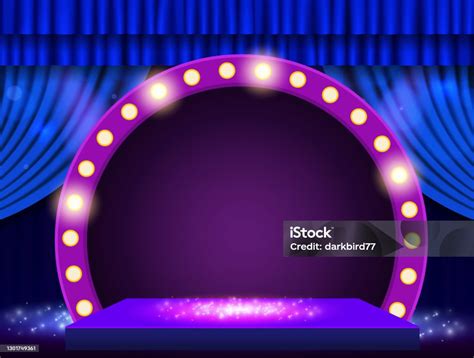 파란색 커튼 연단 스포트라이트 및 복고풍 아치 배너배경 프리젠 테이션 콘서트 쇼를위한 디자인 Fashion Show에 대한 스톡 벡터 아트 및 기타 이미지 Istock