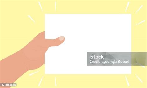 인간의 손에는 빈 종이가 들어 있습니다 직사각형 모형 템플릿 카드 인증서 졸업장 전단지 초대장 목록 알림 편지 티켓에 대한 레이아웃 벡터 플랫 만화 일러스트 종이에 대한