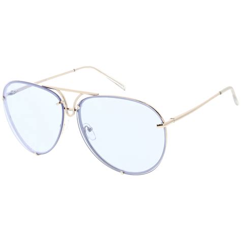 Oversize Rimless Aviator Sunglasses Unique Double Crossbar Color Tinted Lens 69mm Gold Blue