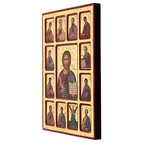 Greek Icon Christ Pantocrator 12 Apostles 40x30 Cm Serigraphed
