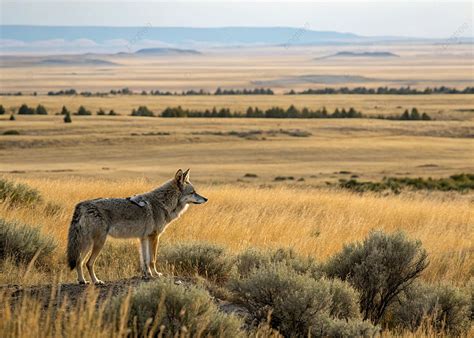 A Majestic Prairie Wolf Standing Watch Over The Expansive Grasslands At