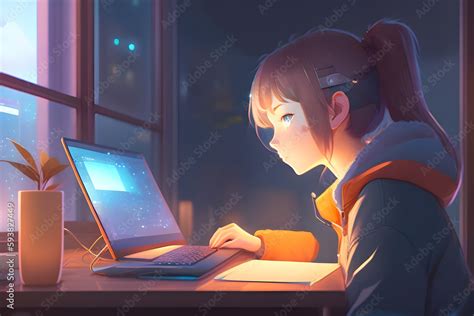Ilustración De Stock Lofi Anime Girl Is Programming At A Computer Cozy