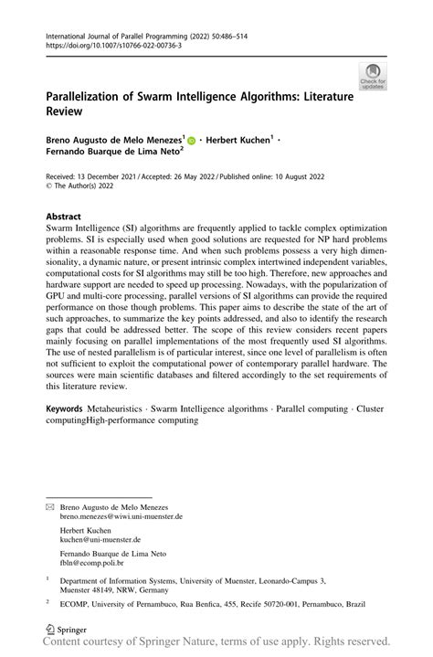 PDF Parallelization Of Swarm Intelligence Algorithms Literature Review