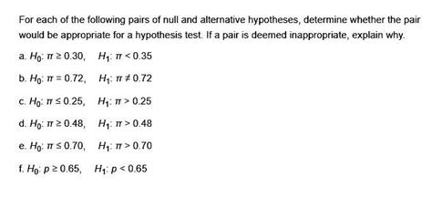 solved for each of the following pairs of null and