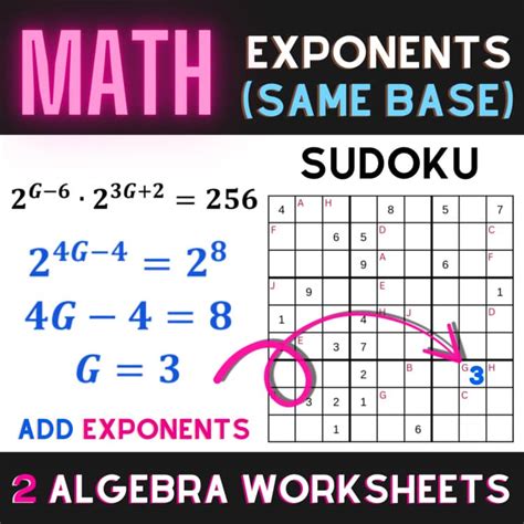 Solve Exponential Equations Same Base Add Exponents 2 Sudoku Worksheets