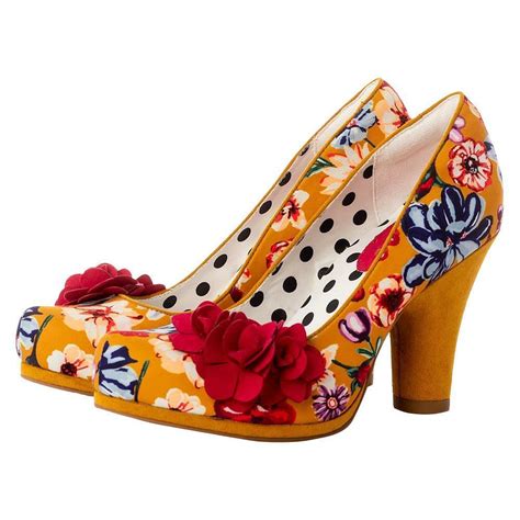 Ruby Shoo Eva Ochre Mustard Vintage Inspired Floral Vegan Court Shoes