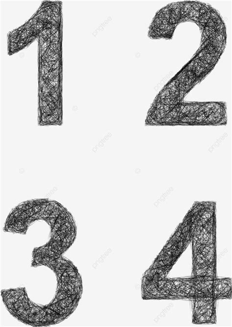 รูปชุดแบบอักษรศิลปะลายเส้นตัวเลขหลัก 1 2 3 4 เวกเตอร์ Png ร่าง