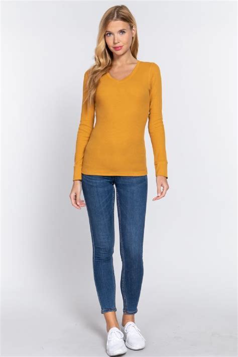 Slim Fit Women S V Neck Thermal Long Sleeve Top Cotton Waffle Knit