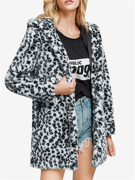 Plush Faux Fur Hooded Coat Leopard Winter Outerwear For Women