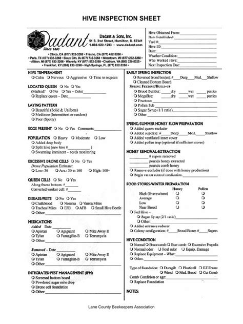 Dadant Hive Inspection Sheet Pdf