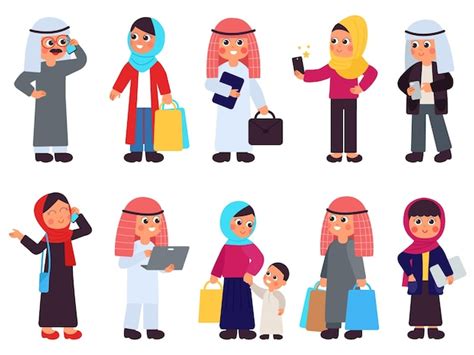 이슬람 문자 사우디 여성 캐주얼 아라비아 전통 사람들 격리 된 귀여운 아랍 남자 Hijab에서 이슬람 소녀 사업가 괜찮은 벡터
