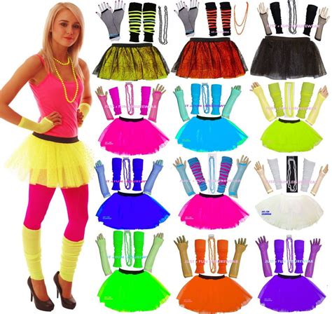 Neon Tutu Skirt Set And Necklace 80s Fancy Dress Womens 80s Party Outfits