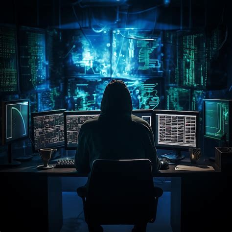 premium ai image hacker sitting at the computer cyber security and