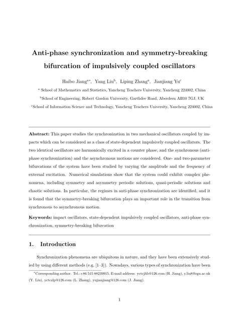 Pdf Anti Phase Synchronization And Symmetry Breaking Bifurcation Of