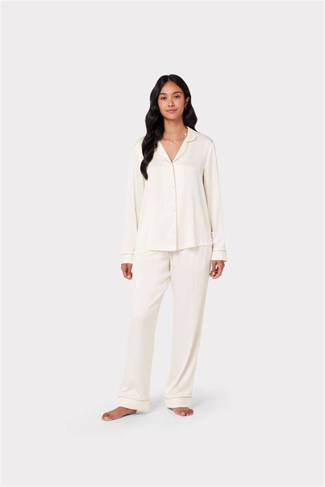 Satin Lace Trim Long Pyjama Set Ivory Chelsea Peers