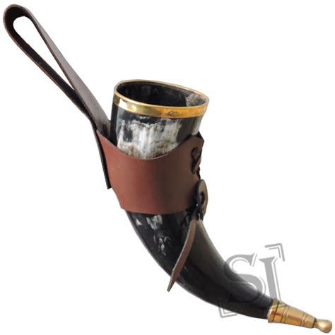 Brass Rim Medieval Drinking Horn With Leather Holster 2a3 Hn
