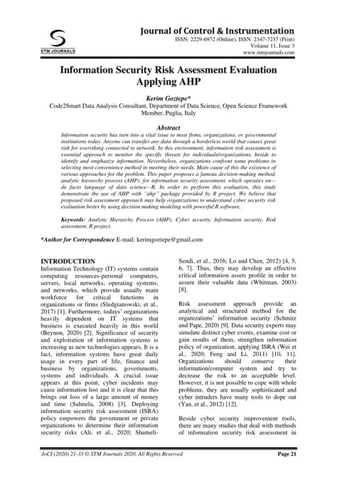 Pdf Information Security Risk Assessment Evaluation Applying Ahp