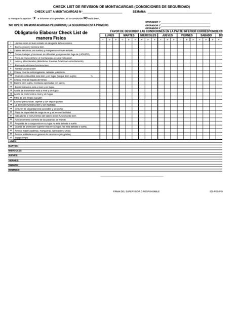 Check List Montacargas Formato Excel