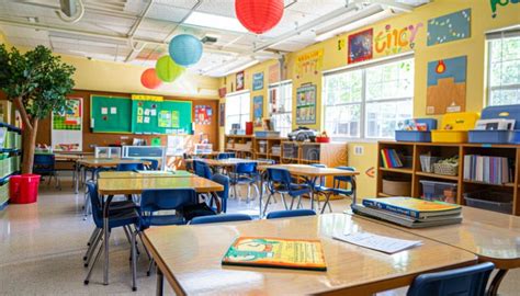 Colorful Elementary Classroom Ready For Creative Learning Stock