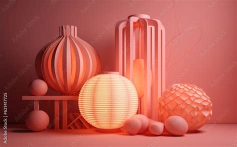 생성형 인공지능으로 만든 다양한 크기의 조명이 케이블에 매달려 있는 다채로운 배경 종이 배경 Stock イラスト Adobe Stock