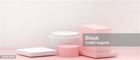 기하학적 모양과 무대가 있는 연단 추상화는 복사 공간이 있는 모던한 제품을 위해 흰색 벽 배경에 최소한의 것을 보여줍니다 3d 렌더링 3차원 형태에 대한 스톡 사진 및 기타
