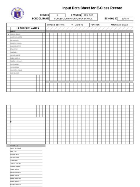 Input Data Sheet For E Class Record Region Division School Name School Id Pdf