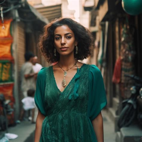 Premium Photo A Woman In A Green Dress Is Standing In A Alley