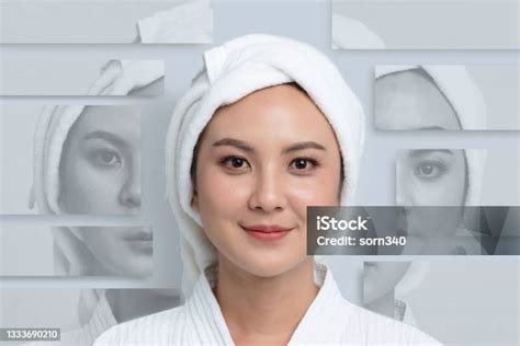 아름다운 아시아 여성의 비교 초상화 다크 스팟과 새로운 피부 이전 피부 관리와 깨끗한 개념 후 젊어지게 노화의 뷰티 트리트먼트