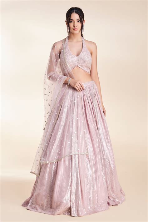 Pastel Pink Sequin Patterned Lehenga Set And A Halter Neck Hand
