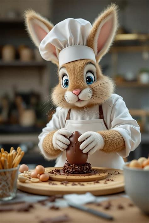 Happy Easter Bunny Chef Making Chocolate Egg Stock Illustration