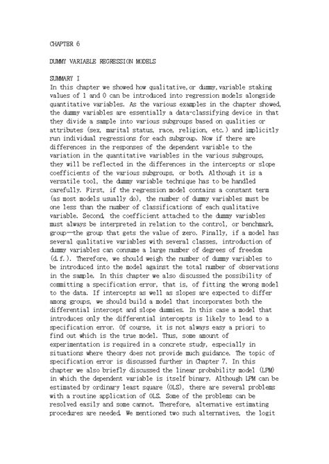 Chapter 6 Summary Of Dummy Variable Regression Models Studocu