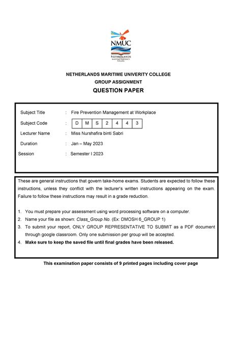 Assignment Fire Prevention This Examination Paper Consists Of 9 Printed Pages Including Cover
