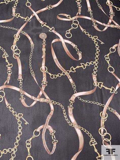 Belted Chains Printed Polyester Chiffon Black Gold Tan Fabrics